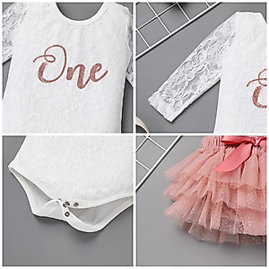 First Birthday Outfit Girl Cake Smash Winter Onederland 1st Birthday Long Sleeve Lace Boho Romper Mini Tutu Skirt Headband Baby One Year Old Photoshoot Toddler Fall Clothes Dusty Pink 12-18 Months