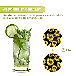 Sunflower Car Coasters for Drinks Absorbent with Cork, Cute Ceramic Car Coasters Set of 2 with A Finger Notch for Easy Removal,Auto Accessories for Women & Men