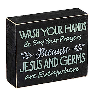 J JACKCUBE DESIGN Farmhouse Vintage Decorative Wood Bathroom Signs Decor, Classic Rustic Wooden Box Stand Up Wall Home Decor, Your Prayers and Wash Your Hands, Blue, White Letters- MK684A