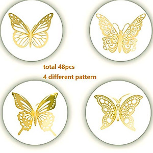 3D Butterfly Wall Stickers, 48PCS Gold Butterfly Wall Decals Decorations Stickers with 4 Patterns Butterflies Gold Party Decoration for Home Nursery Classroom Kids Bedroom Decor