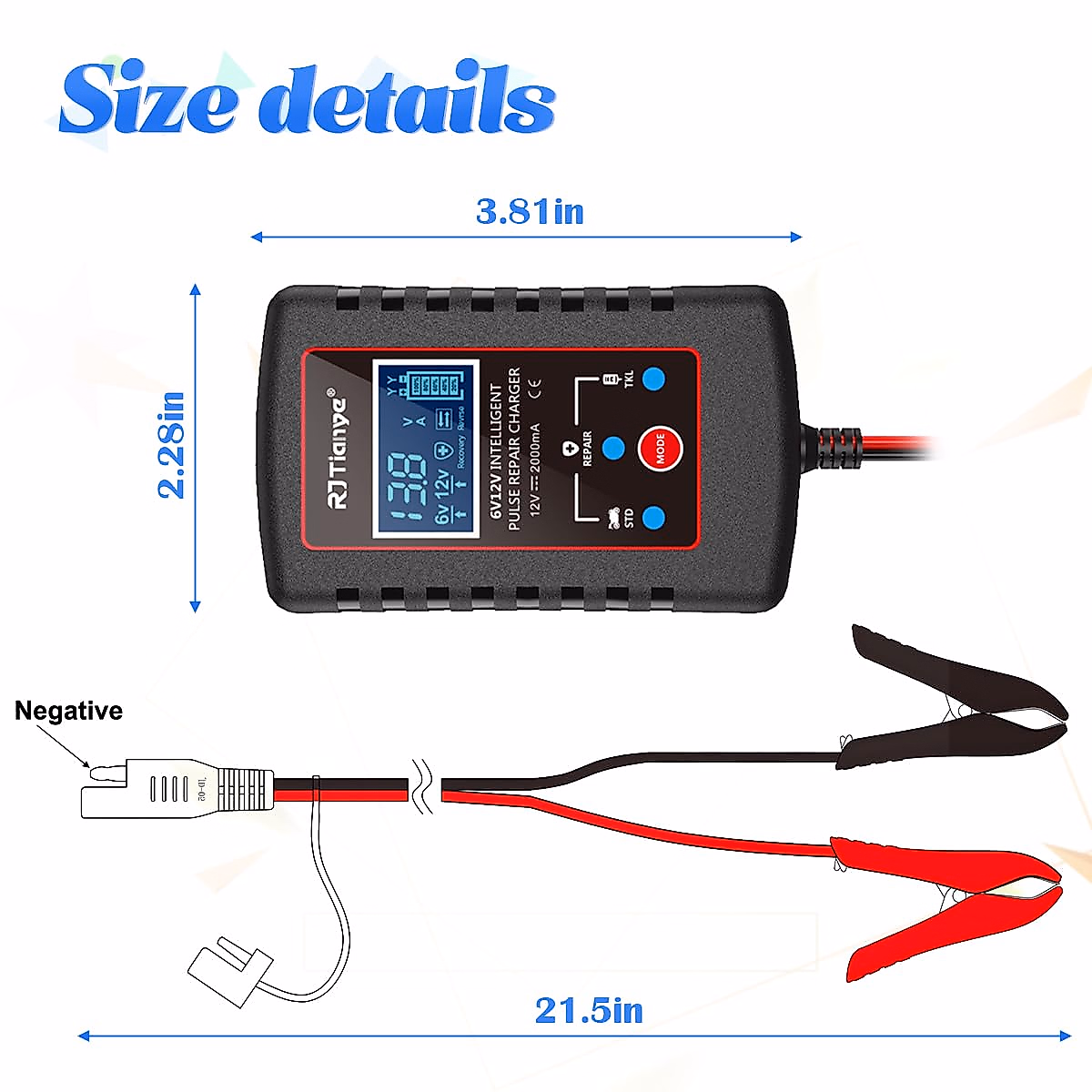 zipelo Car Battery Charger, 6V 12V Automatic Smart Trickle Battery Charger, Intelligent Pulse Repair Charger with ASE Adapter Cable, Battery Desulfator for Motorcycle Lawn Mower Marine