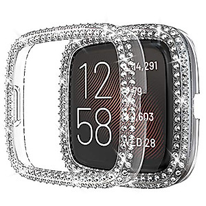 Protector Case Compatible with Fitbit Versa 2 Cover, Bling Double Row Crystal Diamonds PC Plated Bumper Frame Smartwatch Accessories (Clear, Versa 2)