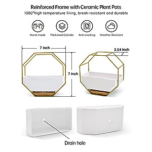 ChiRee Succulent Planters 7×3.5 Inch Decorative Ceramic Flower Plant Pots with Metal Holder Hanging and Place Dual-Purpose Garden Planter Pot with Drainage and Saucer for Indoor Home Office Desktop