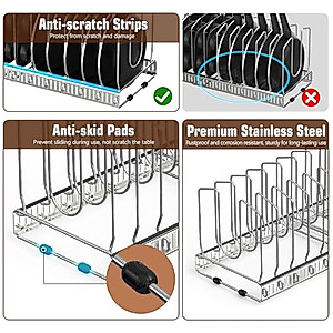 Housolution Pot Lid Organizer, Stainless Steel Expandable Pot and Pan Organizer with 14 Adjustable Dividers, Pan Storage Rack Lid Holder for Cabinet, Silver
