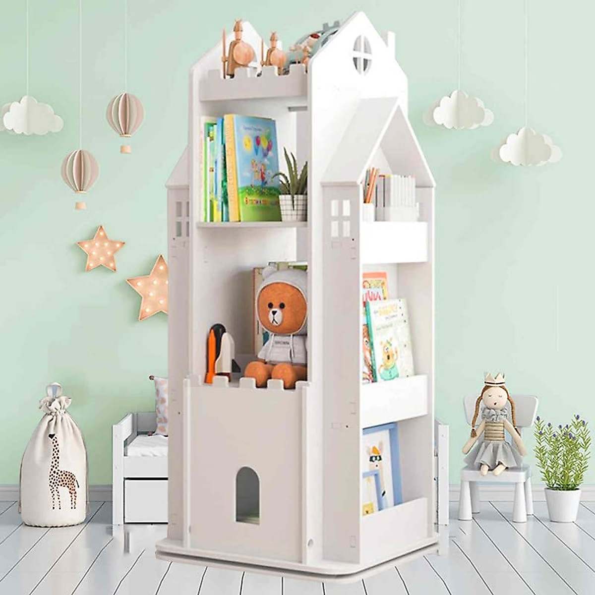 MOUDAO Kids Bookshelf 360° Castle White Rotating Bookshelf Toy Storage Organizer Rack Revolving Corner Bookshelf for Kids Toddler Children Home Office Furniture Bookcase