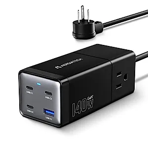 Aergiatech USB C Power Strip 140W, USB C Charging Station with 2 AC Outlets, GaN Fast Charger 6-in-1, Travel Type C Desktop Charger for MacBook Laptop iPhone Galaxy, 5ft Extension Cord