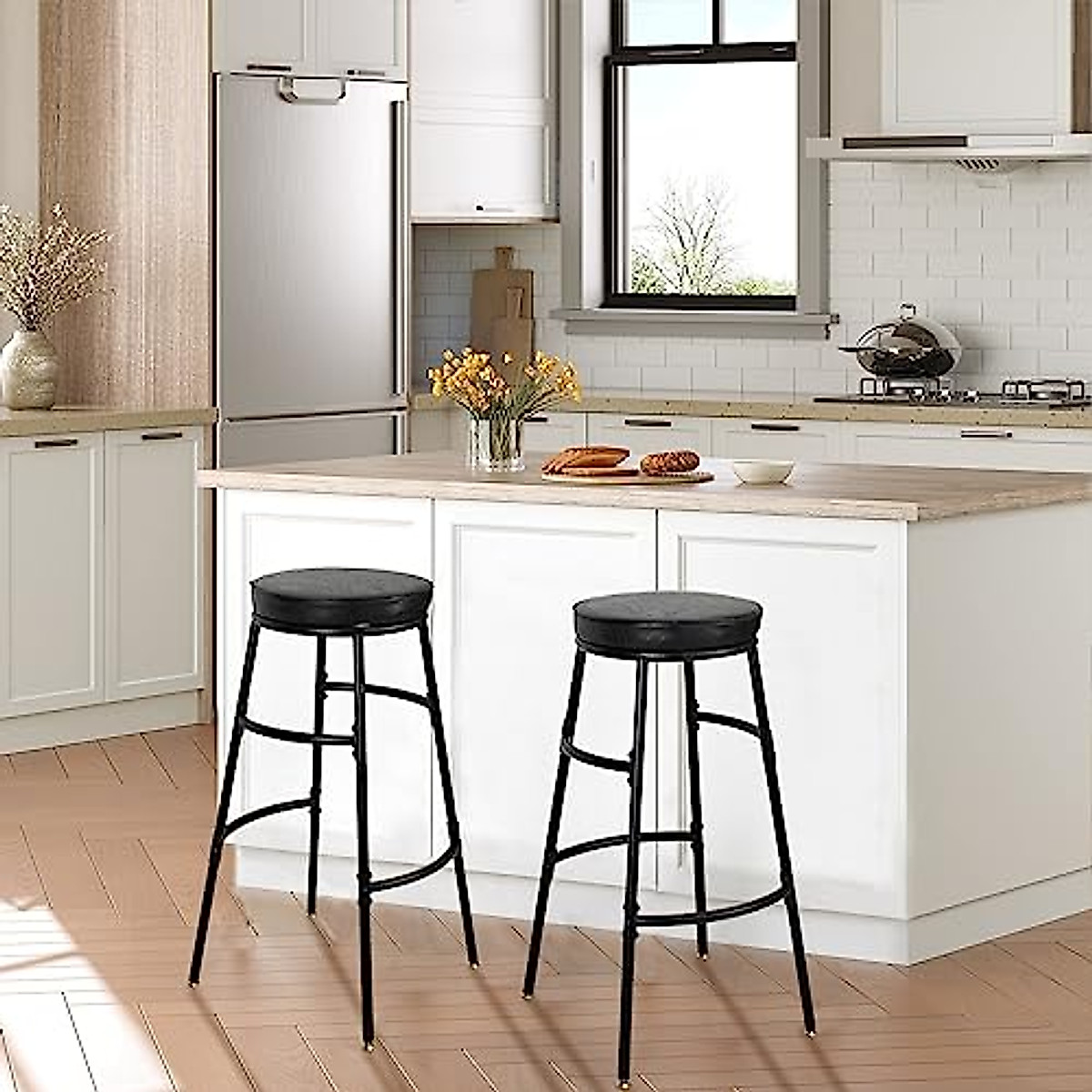 Homaterial Bar Stools, Set of 2 Bar Chairs,Round PU Upholstered Breakfast Stools with Footrest, Metal Frame, Kitchen Counter Height Bar Stools, for Dining Room, Kitchen, Black
