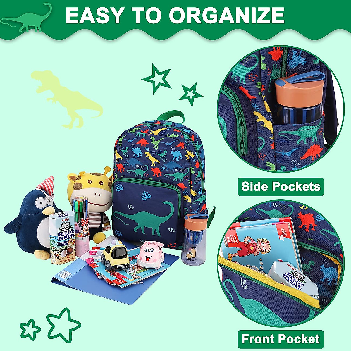 RAVUO Dinosaur Backpack, Water Resistant Cute Lightweight Small Backpack for Little Kids Boys Kindergarten Preschool Bookbag Toddler Backpack with Chest Strap