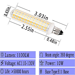 New Upgrade -E11 led Bulb,125 LEDs 100W 120W Halogen Bulbs Equivalent, 10w 1100lm, E11 Mini Candelabra Base Warm White 3000k,AC 110V/130V,JD T3 T4 Bulb (2 Packs)