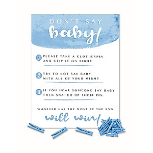 Don't Say Baby Game for Boy with Blue Natural Wooden Clothespins for Baby Shower Pins Game and Cute 5 x 7 Sign - 30 People - by Shower Games & Co.