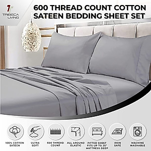Tribeca Living Bed Sheet Set, Soft Egyptian Cotton Sateen Solid Sheets and Pillowcase Set, Deep Pocket, 600 Thread Count, 6-Piece Luxury Bedding, Queen, Silver Grey