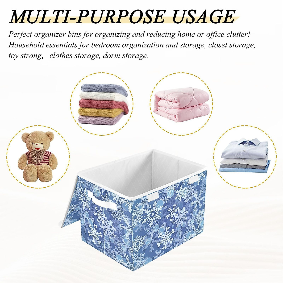 Krafig Snowflakes Decorative Storage Box with Lid Large Bins Baskets Foldable Cube Organizer Collapsible Containers for Organizing, Toy, Home, Shelf, Closet