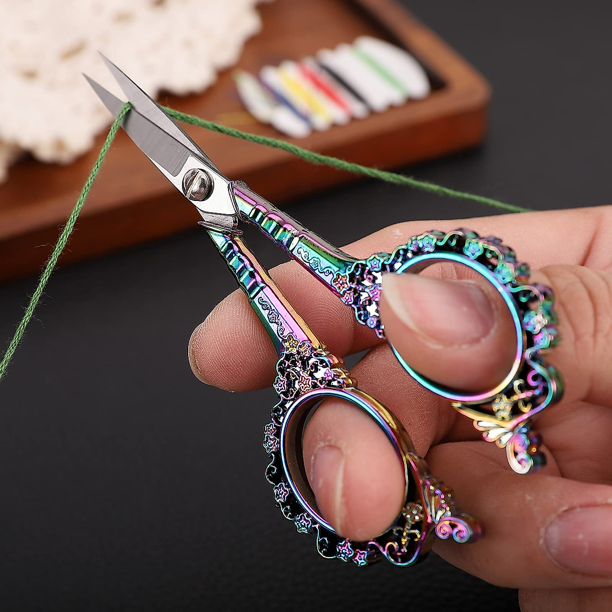 YOUGUOM Embroidery Scissors, Stainless Steel Sharp Sewing Scissor for Cross Stitch, Needlework, Threading Cutting Handcraft Craft Art Work DIY Tool - 4.5in Rainbow Vintage European Style
