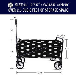 Collapsible Wagon Cart Black and White Polka Dot Foldable Utility Wagon Large Capacity Garden Cart with Push Bar for Beach Camp Outdoor Shopping