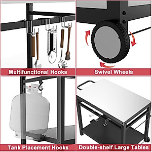 GLOWYE Outdoor Portable Grill Carts, BBQ Foldable Food Prep Cart with Wheels for Blackstone Griddle, Ninja Woodfire Grills, Oven, Double-Shelf Stainless Steel Pizza Oven Table Stand