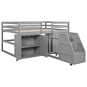 Solid Wood Full-Size Low Loft Bed Frame with Cabinets, Staircase with Hanging Clothes and Drawers for Kids, Pure Gray