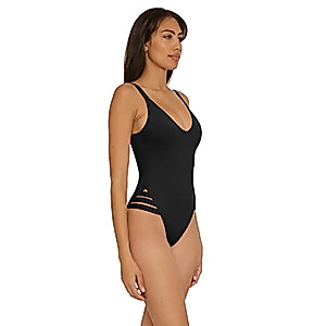 Becca by Rebecca Virtue Women's Standard Color Prism High Leg One Piece Swimsuit-Scoop Neck, Open Back Design, Bathing Suits, Black, Small