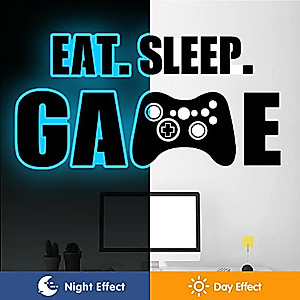 Eat Sleep Game Wall Decal Glow in The Dark Gamer Boy Wall Stickers Vinyl Video Game Room Decor Gaming Controller Wall Decals for Boys Bedroom Kids Girls Men Playroom Game Wall Decor… (Large Size, Sky blue)