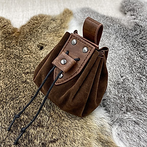 HiiFeuer Vintage Medieval Faux Leather Drawstring Pouch, Middle Ages Portable Coin Purse, Rivets Belt Pouch Dice Bag For LARP Ren Faire (Brown A)