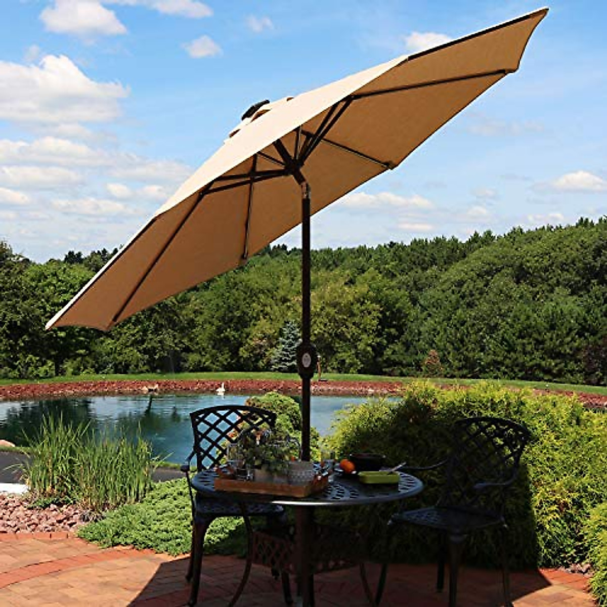 Sunnydaze 9-Foot Sunbrella Tilting Patio Umbrella with Solar LED Light Bars - Beige