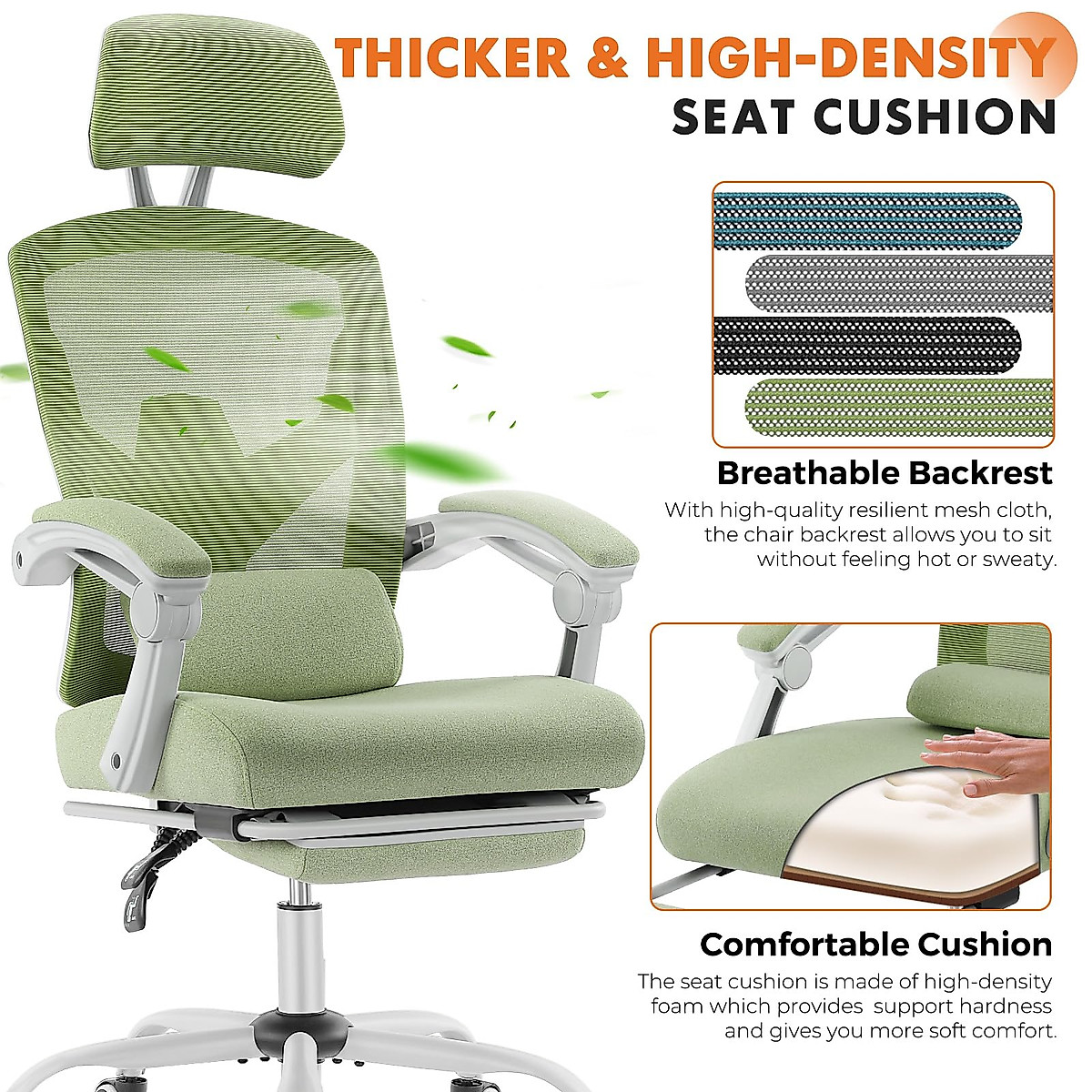 Sweetcrispy Office Computer Desk Chair, Ergonomic High-Back Mesh Rolling Work Swivel Chairs with Wheels, Comfortable Lumbar Support, Comfy Arms for Home, Bedroom, Study, Student, Green