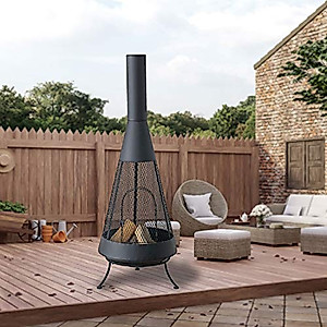 Scandi Garden Chiminea, Free Standing Fireplace, Modern Farmhouse Style, Black, Removable Grill, 360 Degree View Basket, Iron, 19.75 D x 56.75 H Inches