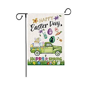 Happy Easter Day Garden Flags, Gnome Eggs Truck Vertical Double Sized Burlap Flag for Spring House Yard Outdoor Decor 12.5 x 18 Inch (Multi)