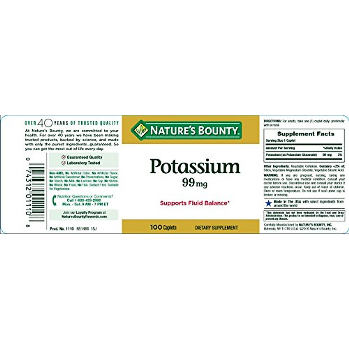 Nature's Bounty Potassium Gluconate 99 mg, 100 Caplets
