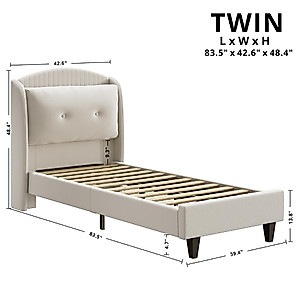 LIKIMIO Twin Size Bed Frame, Velvet Upholstered Twin Bed with Fabric Headboard Modern Wingback Bed Sofa-Style Cushions, No Box Spring Needed, Easy to Assemble, White