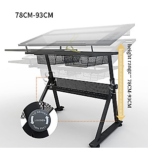 Drawing Table Drafting Desk, Glass Drafting Table Art Desk, Height Adjustable Drawing Desk Art/Craft Desk Paintings Work Station W/ 2 Storage Drawers and Stool for Craft Station Studio Home Office Sch