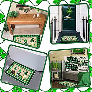 Svepndic St. Patricks Day Door Mat Indoor Outdoor Area Rugs 28 x 17 Inch Gnomes Shamrock Welcome Mat Non-Slip Green Entrance Floor Mat Clover Doormat for Kitchen Living Room Bath Room