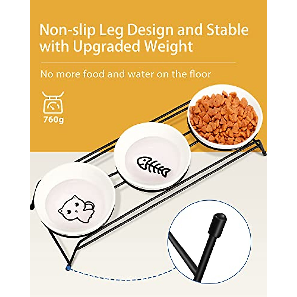 3 Cat Food Bowls Ceramic 13 oz Upgraded with Stainless Steel Stand Non-Slip and Anti-Rust Elevated Raised Cat Bowls for Food and Water, Pet Dishes Bowl for Indoor Cats and Puppy, Dishwasher Safe