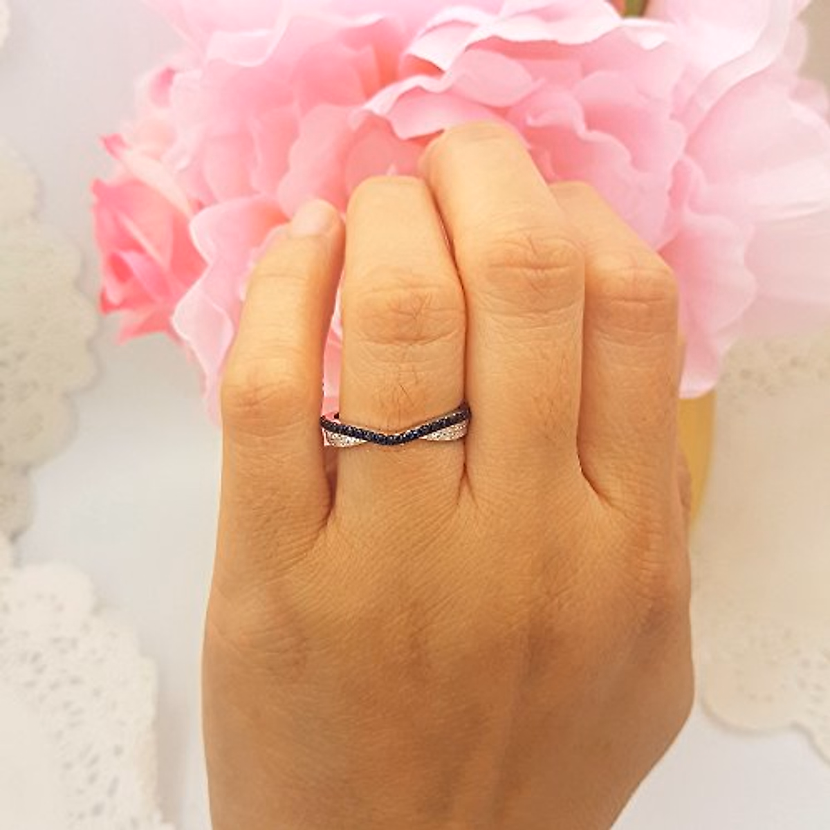 Dazzlingrock Collection 14K Round Blue Sapphire & White Diamond Stackable Wedding Band for Women, White Gold, Size 6