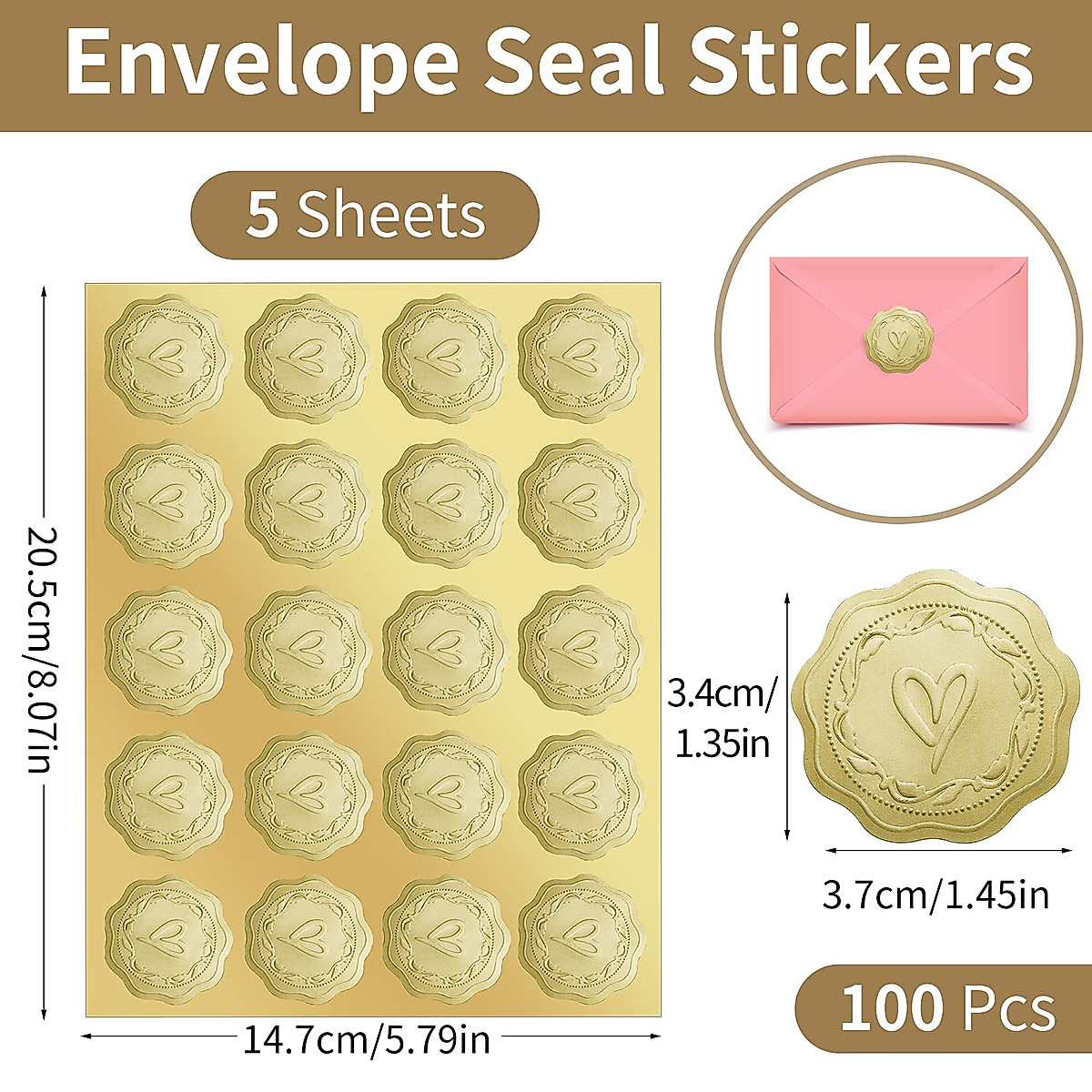 300 Parks Gold Heart Stickers Gold Embossed Heart Envelope Seals Wax Stickers Gold Embossed Envelope Stickers - Gold Stickers for Envelopes, Wedding Stickers Greeting DIY Decoration