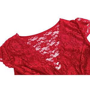 Women's Plus Size Chemise Floral Lace Lingerie Sexy Bodysuit Mesh Babydoll Sleepwear (R007,Red2, X-Large)