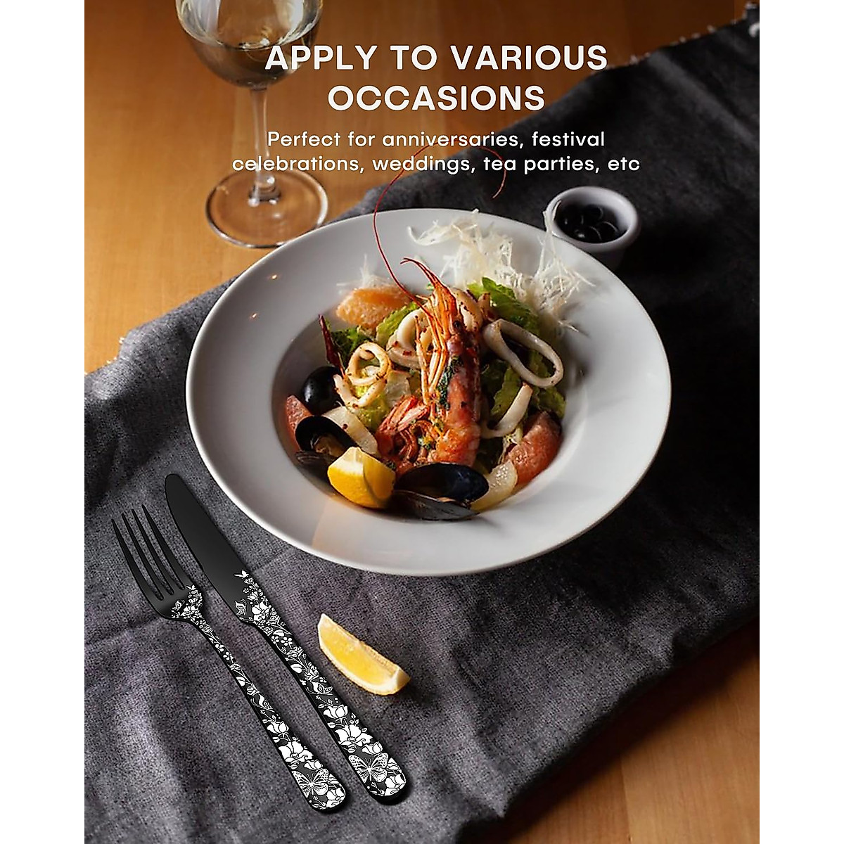 Stapava 48-Piece Black Silverware Set with Steak Knives, Stainless Steel Cutlery Flatware Set for 8, Utensil Sets Include Forks Spoons and Knives for Home Kitchen, Mirror Polished, Dishwasher Safe