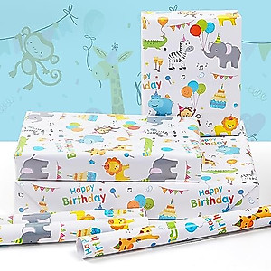 Birthday Wrapping Paper For Kids Baby Girls Boys, 6 Sheets Monkey Lion Elephant Giraffe Alligator Zebra Animals Party Design 20 x 28 inch Gift Paper for Birthday Baby Shower Kindergarten Newborn