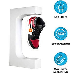 Floating Shoe Display Magnetic Levitating Sneaker Stand Holder Rotation Acrylic Rack with LED Light for Gift Advertising Exhibition Storefront Shop up to Size 13 Big Shoes (White Without Shoe)