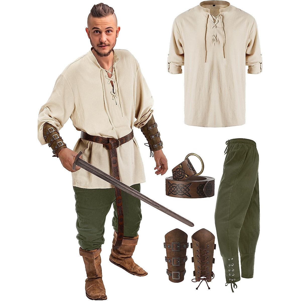 Jiuguva 4 Pcs Halloween Men's Renaissance Costume Set Medieval Pirate Shirt Ankle Banded Pants Viking Belt Accessories (Stylish Color,Small)