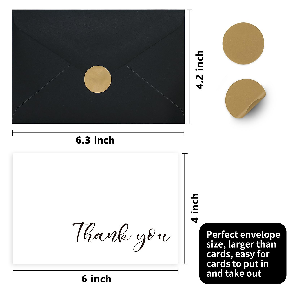 AZAZA 50 Pack Black Thank You Cards with Envelopes 4x6 inch, Bulk Thank You Notes 2 Minimalistic Designs, Funeral Thank You Cards with Envelopes & Gold Stickers for Graduation, Small Business