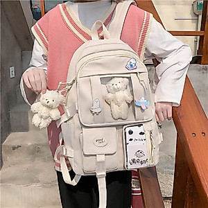 CHERSE Kawaii School Backpack for Teen Girls Back to School Aesthetic Cute Adorable Lovely with Kawaii Pin and Cute Accessory (White)