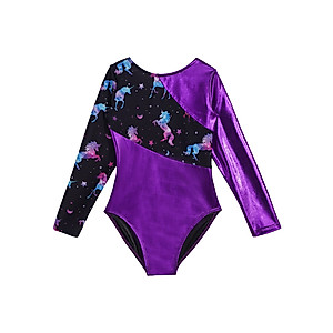 Fldy Kids Girls Shiny Metallic Gymnastics Leotards Long Sleeves Sparkly Ballet Dance Costumes One Piece Bodysuit Dancewear Purple 14 Years