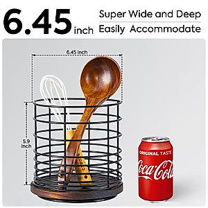 360°Rotating Utensil Holder for Kitchen Counter-6.5" Metal & Wooden Large Cooking Utensil Holder with Drainage Hole，Kitchen Utensil Storage Organizer for Countertops，Spatula Holder for Farmhouse Decor