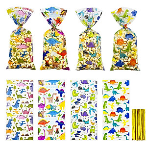 HIBILDER 50Pcs Dinosaur Birthday Party Favor Bags - Cellophane Treat Candy Gift Bags Dinosaur Goodie Bags Dinosaur Birthday Party Supplies