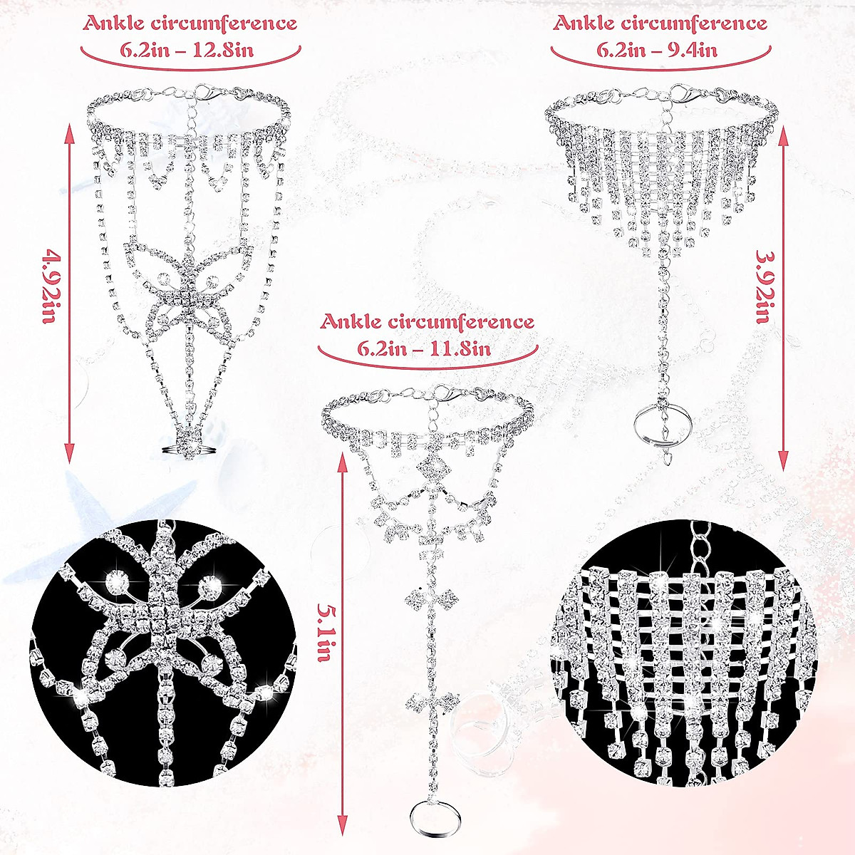 Hicarer 6 Pcs Barefoot Sandals Women Beach Wedding Foot Jewelry Silver Rhinestone Anklets Chain Ankle Jewelry for Summer