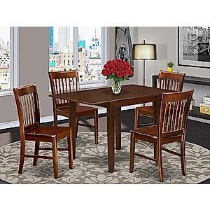East West Furniture NDNO5-MAH-W 5 Piece Dining Room Table Set Includes a Rectangle Dining Table with Dropleaf and 4 Wood Seat Chairs, 30x48 Inch, Mahogany