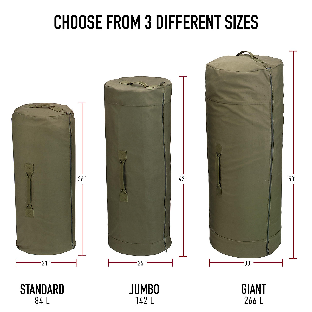 Rothco Canvas Duffle Bag with Side Zipper – Rugged Outdoor Camping Gear Storage – Black – 21" x 36"