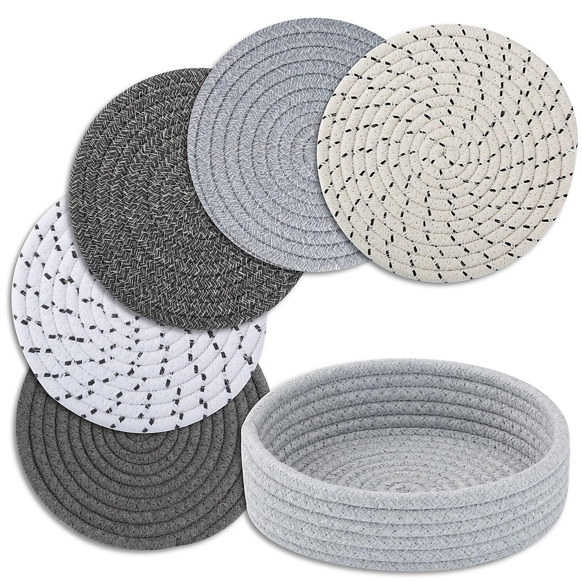 Trivets for Hot Dishes, Trivets for Hot Pots and Pans, Heat Resistant Hot Pads with Storage Basket, Pot Holders for Kitchen, Home Essentials, Farmhouse Decor (Mix Gray 5 PCS)
