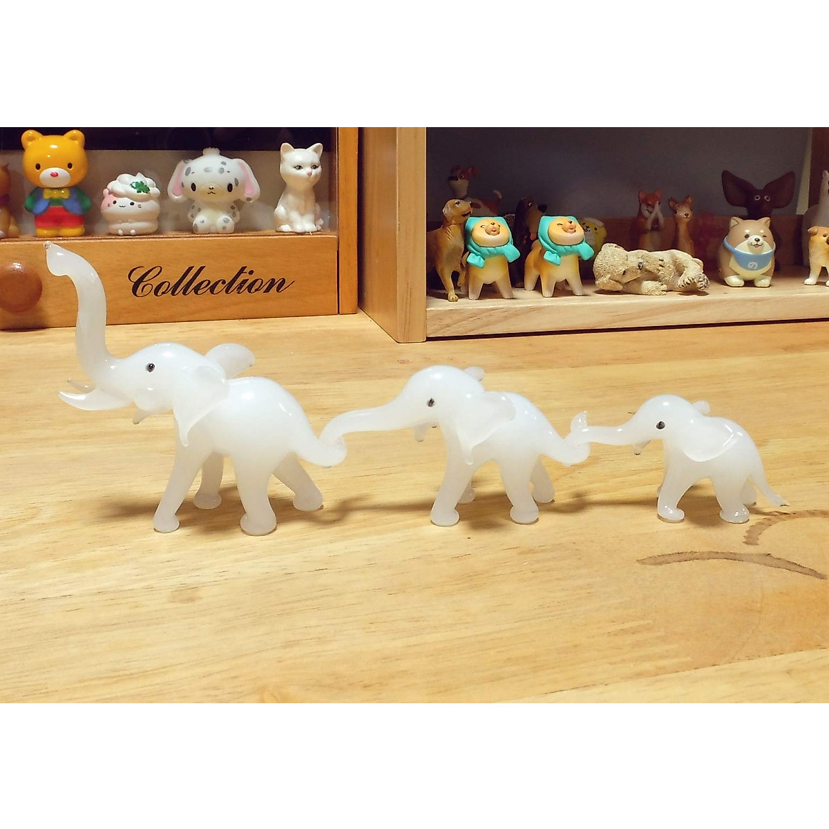 Handmade Set 3 Mini White Glass Elephant Blown Glass Art Wild Animal Collectible Figurines Figures Cool Stuff Ornament Miniature Gift Ideas for Anniversary Birthday Wedding Home Room Garden Decor No.2