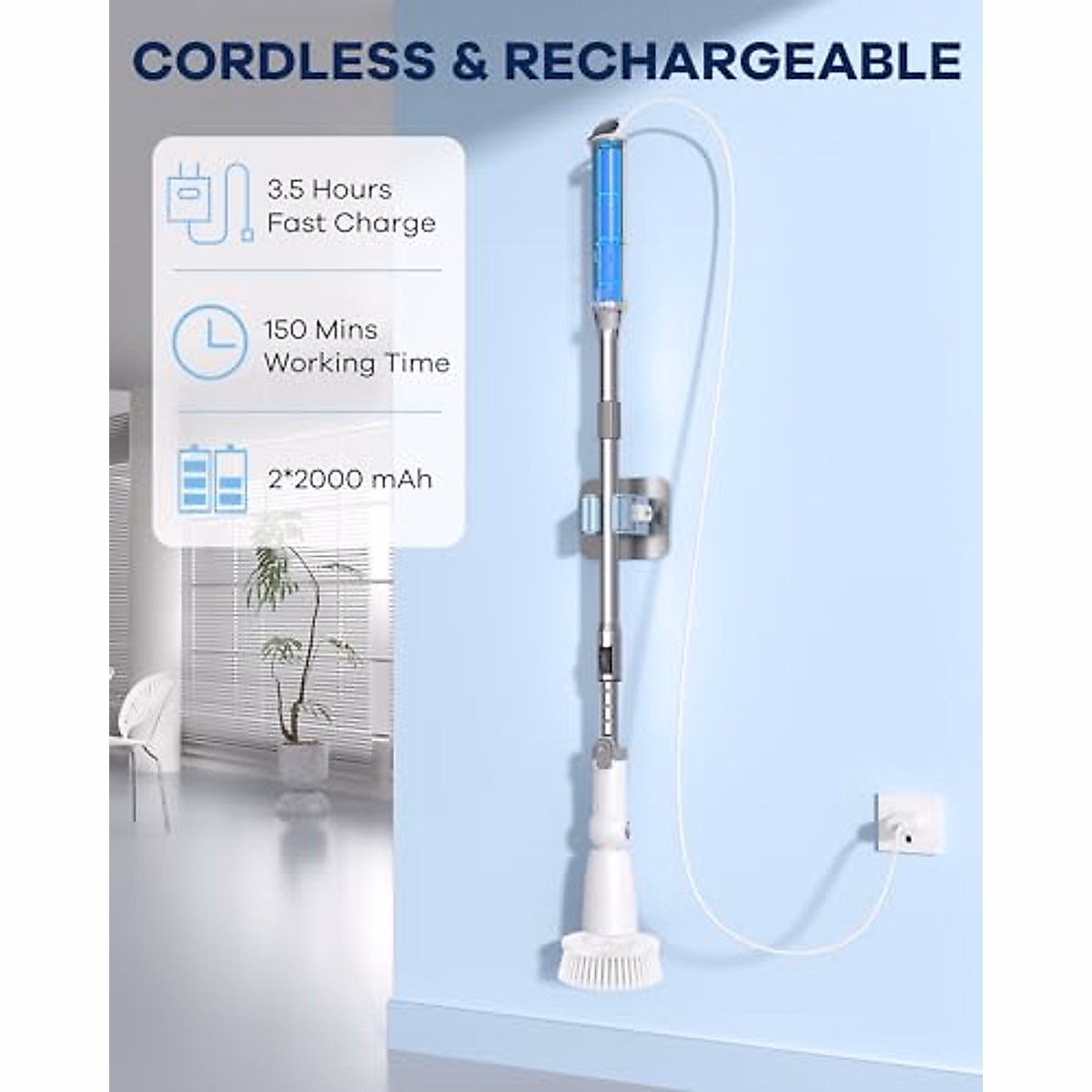 MABOGU Electric Spin Scrubber, Cordless Shower Scrubber with 8 Replaceable Brush Heads, Bathroom Scrubber Electric Dual Speeds, Shower Cleaning Brush with Extension Arm for Tub Tile Floor(Grey&White)